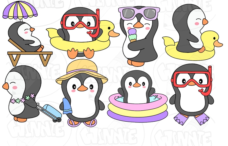 Penguin Clipart Pool Party Png Digital Stickers Penguin Summer Holiday ...