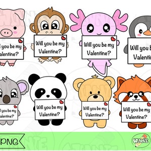 Cute Valentine Clipart Animal Valentines Day Kawaii Animals in Love Png ...
