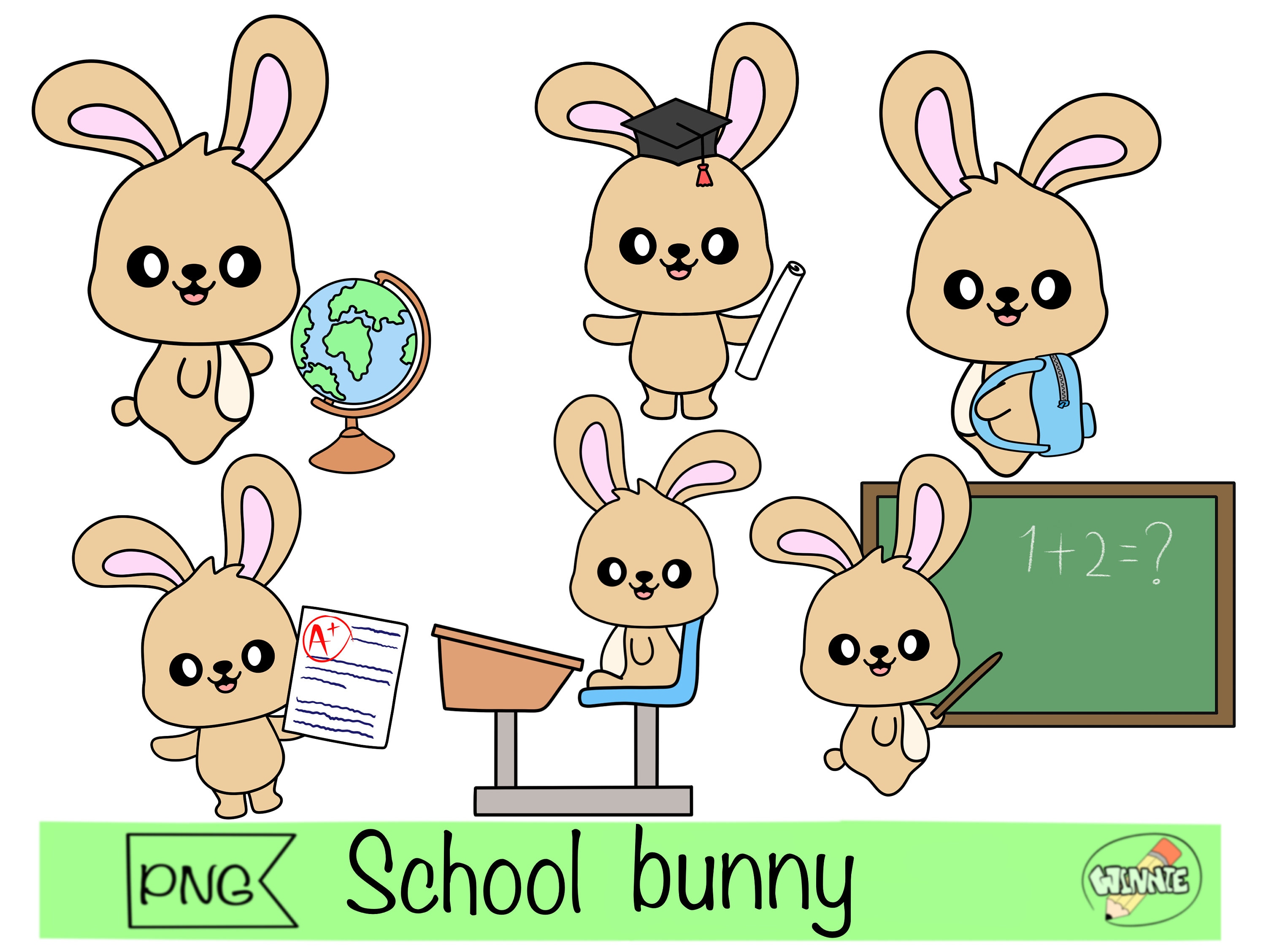 Bunny Clipart School Rabbit Animal Png Stickers Kawaii School - Etsy
