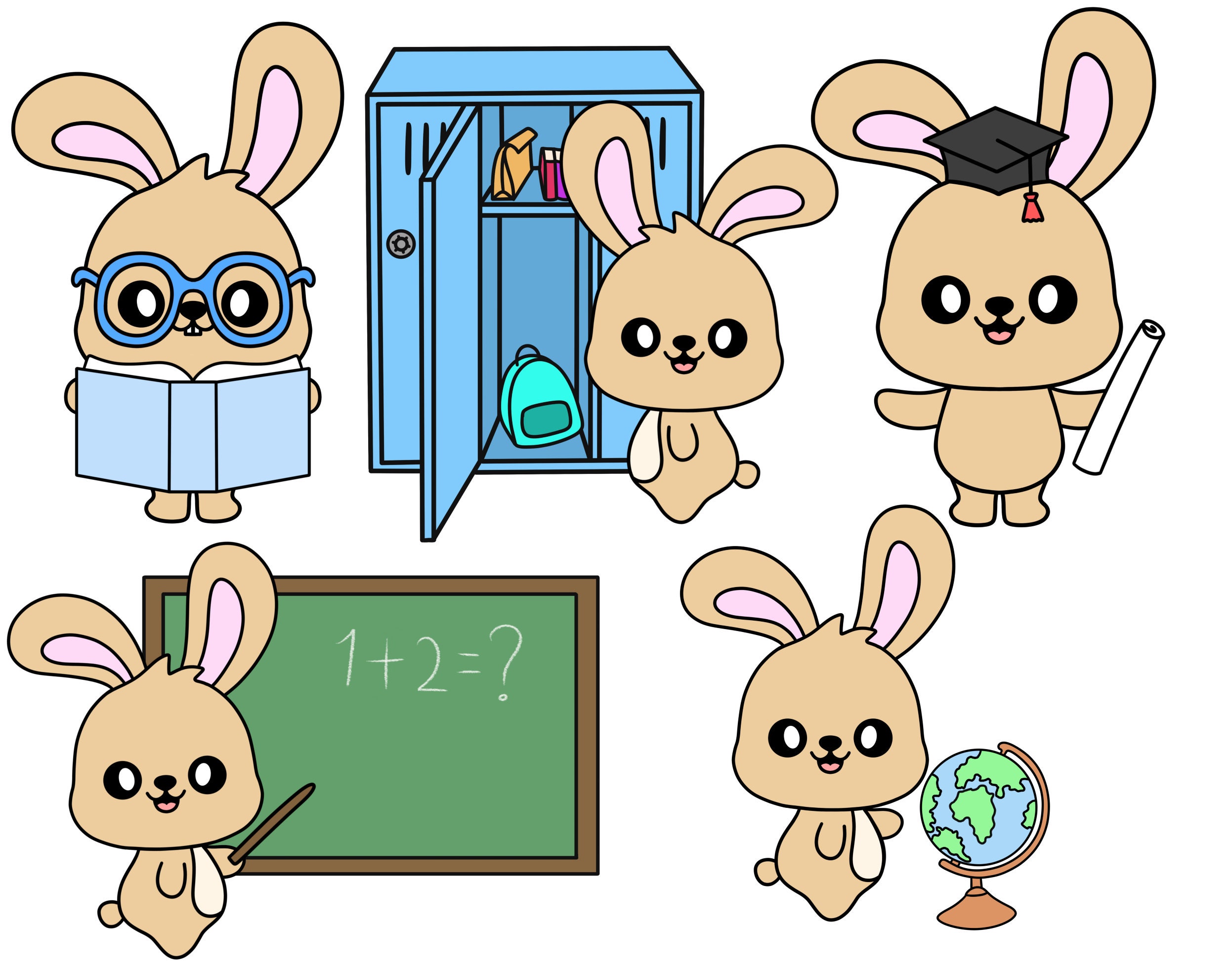 Bunny Clipart School Rabbit Animal Png Stickers Kawaii School - Etsy