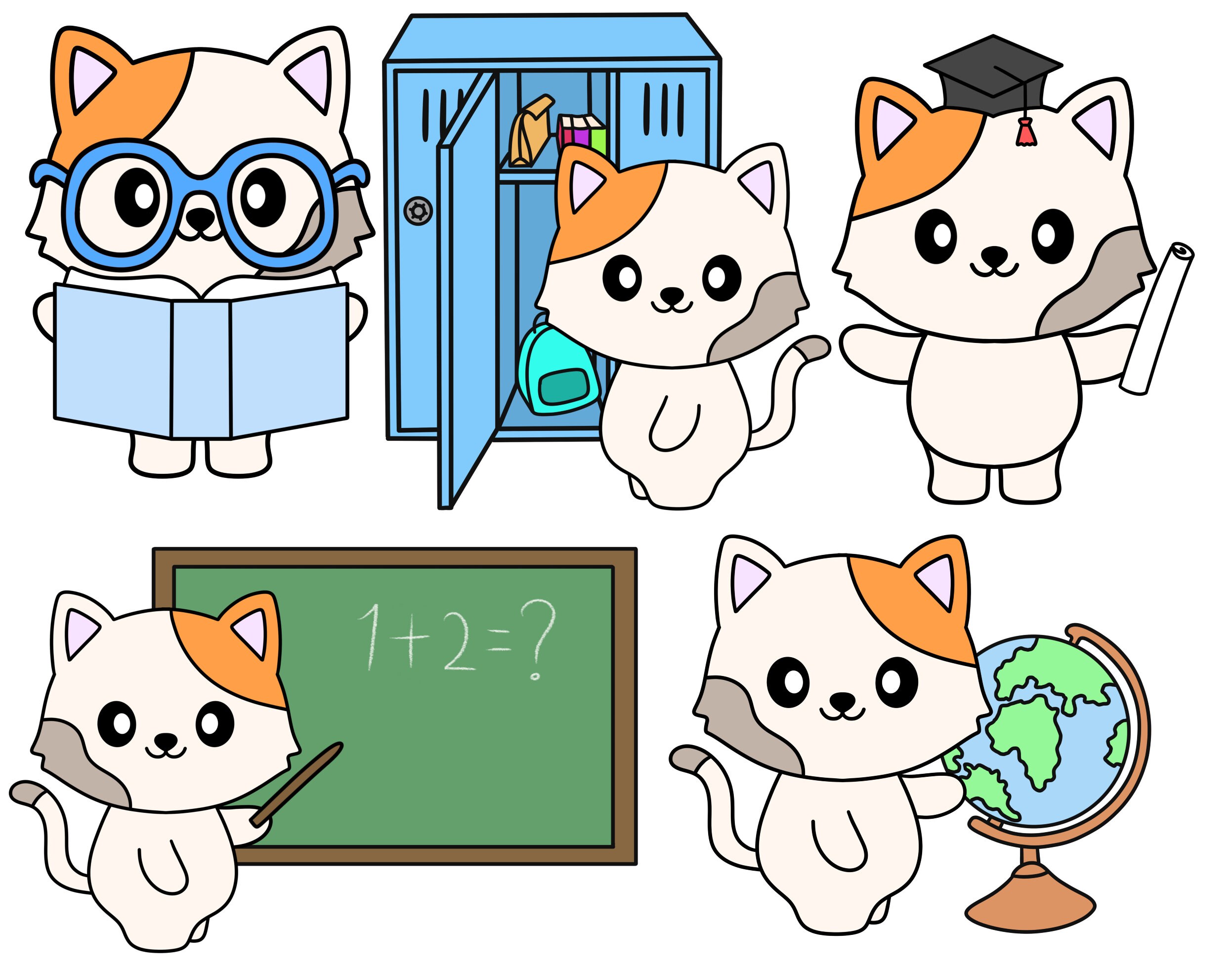 Cat Clipart School Cat Digital Planner Stickers Kitten Teacher - Etsy