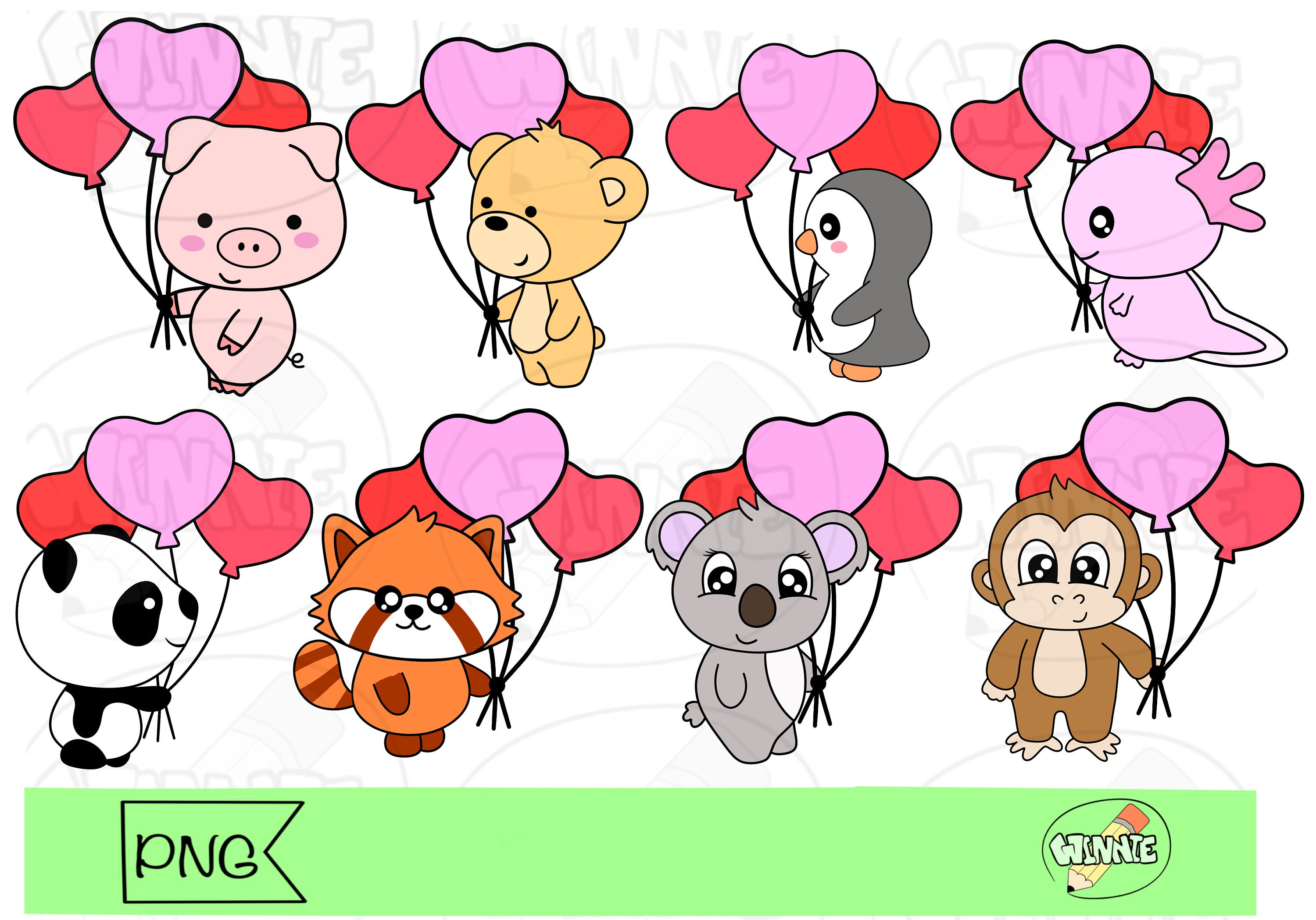 Cute Valentine Clipart Animal Valentines Day Kawaii Animals in Love Png ...