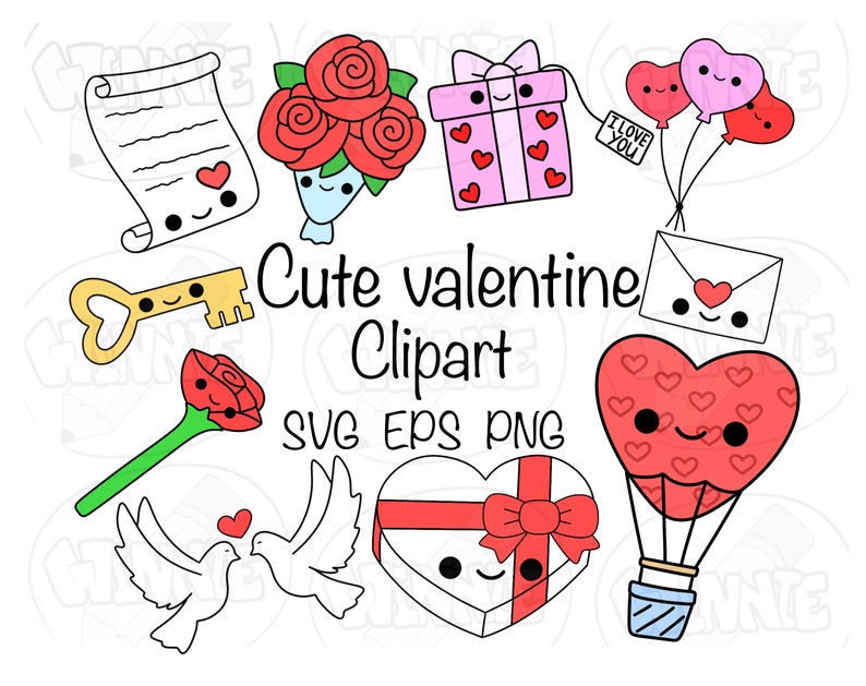 Kawaii Valentine Clipart SVG Cute Valentines Day Love Heart Digital ...