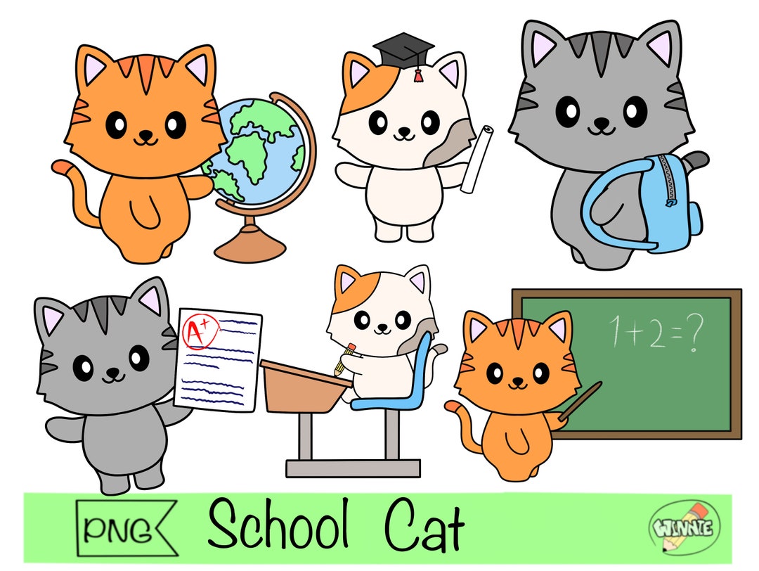 Cat Clipart School Cat Digital Planner Stickers Kitten Teacher ...