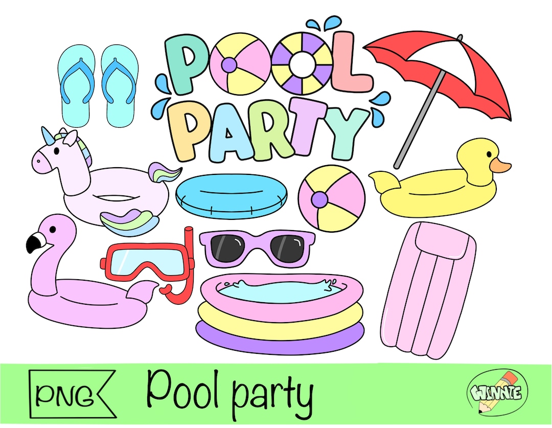 Pool Party Clipart Digital Stickers Kawaii Pool Party Summer Day Beach ...