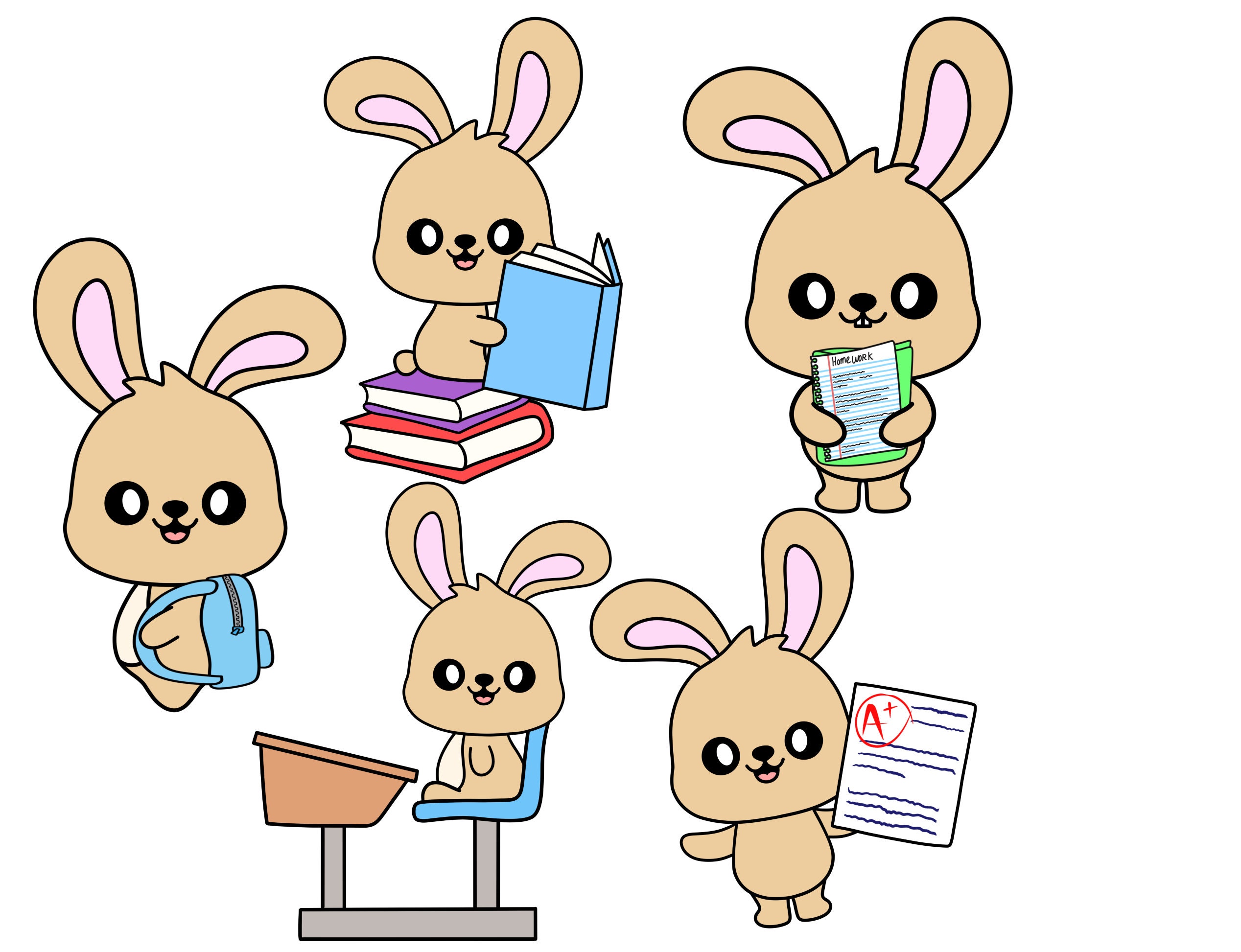 Bunny Clipart School Rabbit Animal Png Stickers Kawaii School - Etsy
