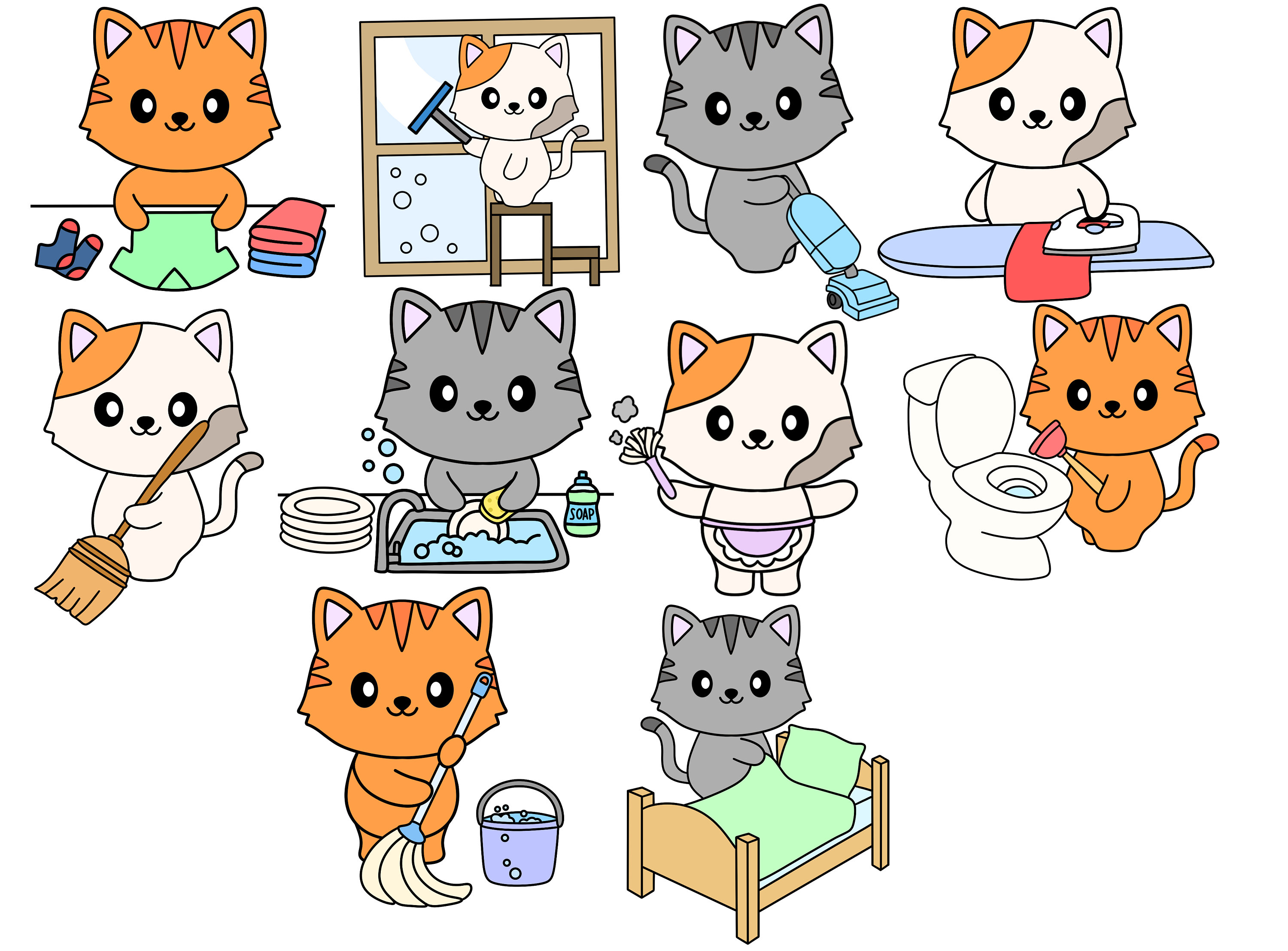 Cat Clipart Cat Planner Sticker Cleaning Kawaii Cat Chore - Etsy
