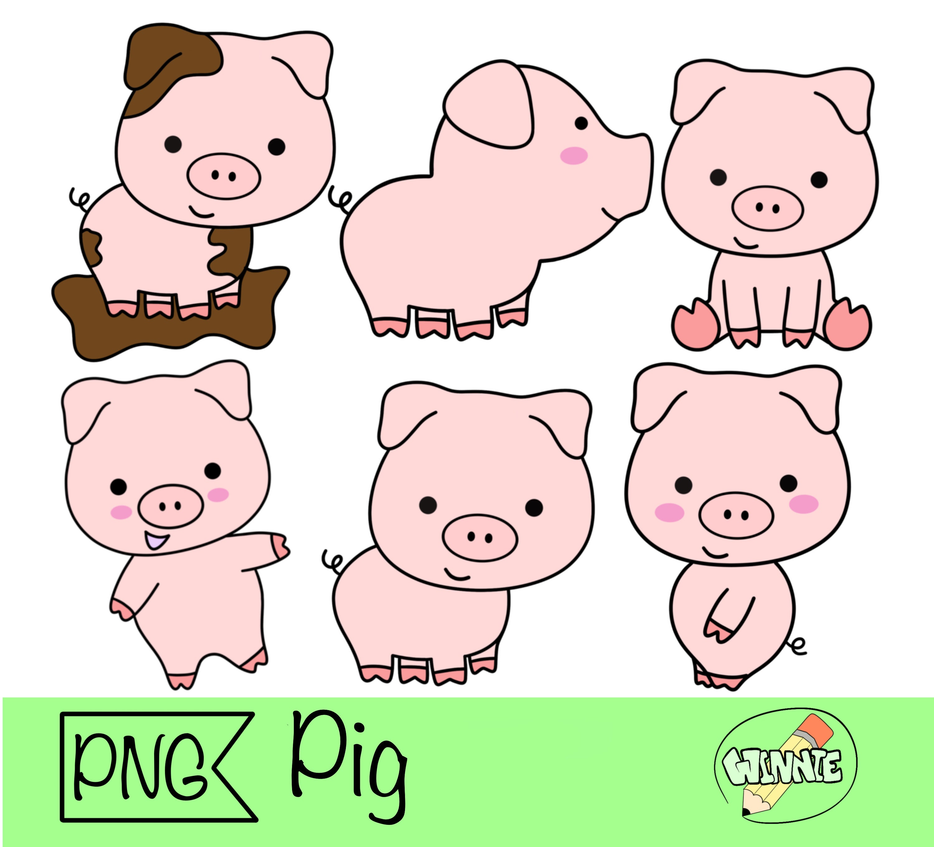 Pig Clipart Cute Piggy Vector Clipart Kawaii Piglet Png Digital Sticker ...