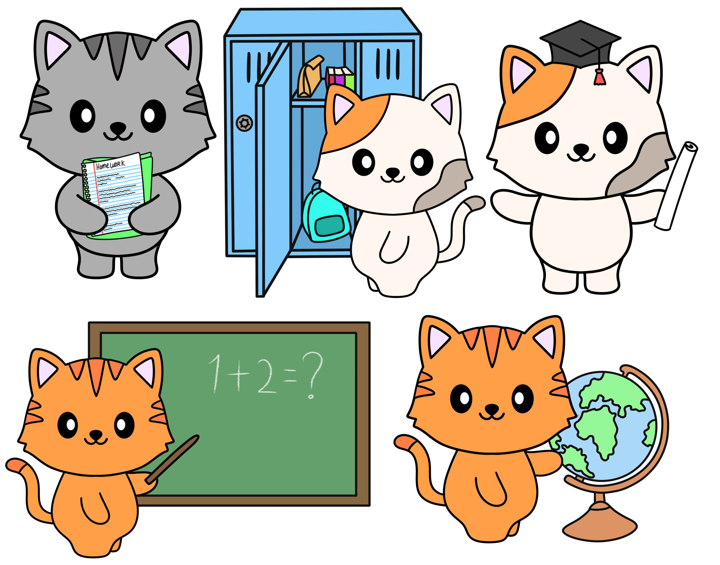 Cat Clipart School Cat Digital Planner Stickers Kitten Teacher ...