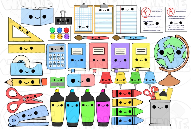 Kawaii School Clipart Vector School Clip Art Cute School Items Clip Art ...