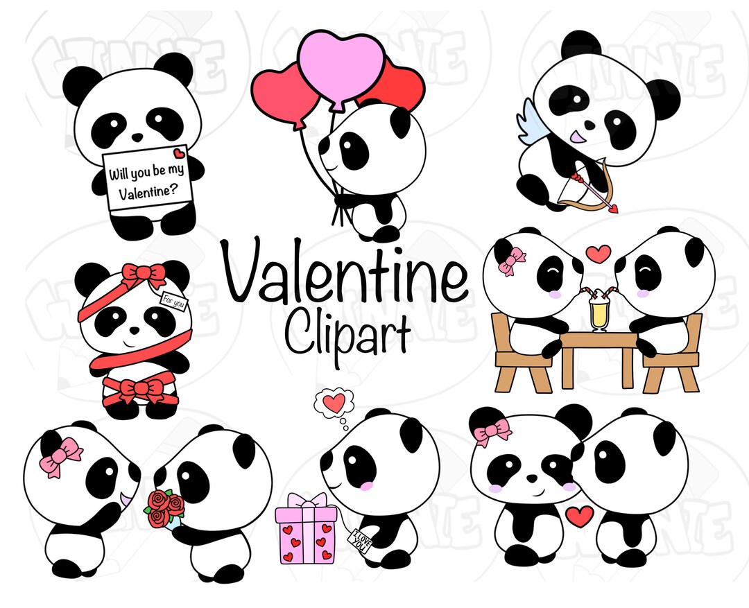 Panda Clipart Digital Stickers Panda Valentines Day Kawaii Love Animal ...
