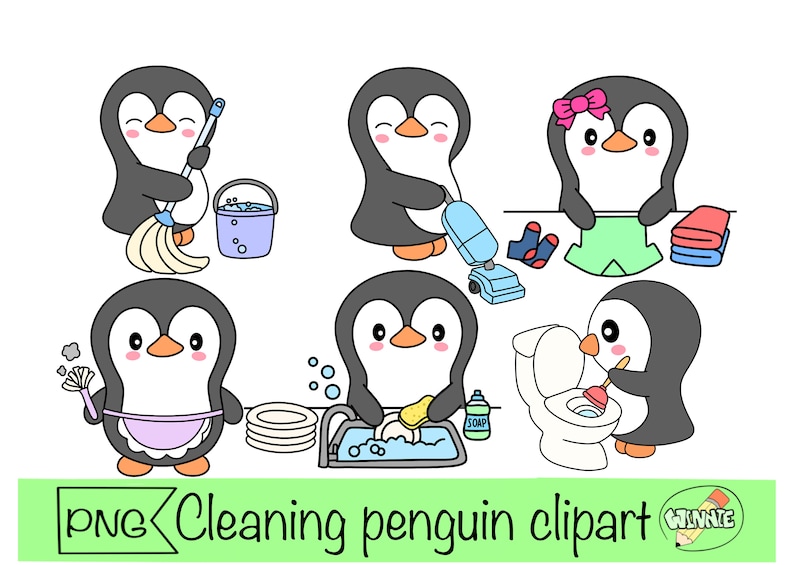 Penguin Clipart Cleaning Chores Penguin Kawaii Penguin - Etsy