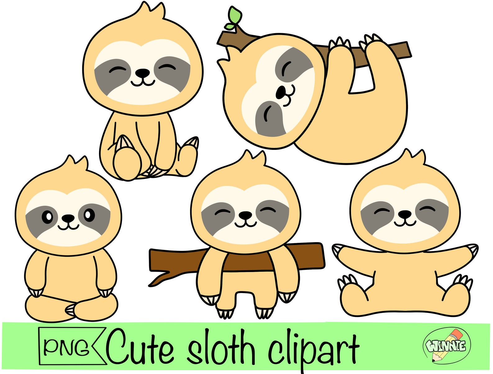 Cute Sloth Clipart Set Kawaii Sloth Animal Sloth Hanging in - Etsy