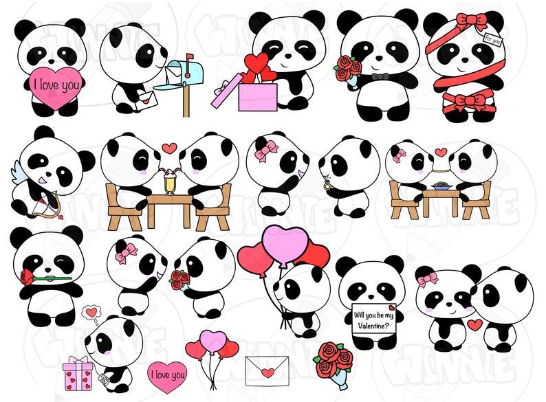 Panda Clipart Digital Stickers Panda Valentines Day Kawaii - Etsy