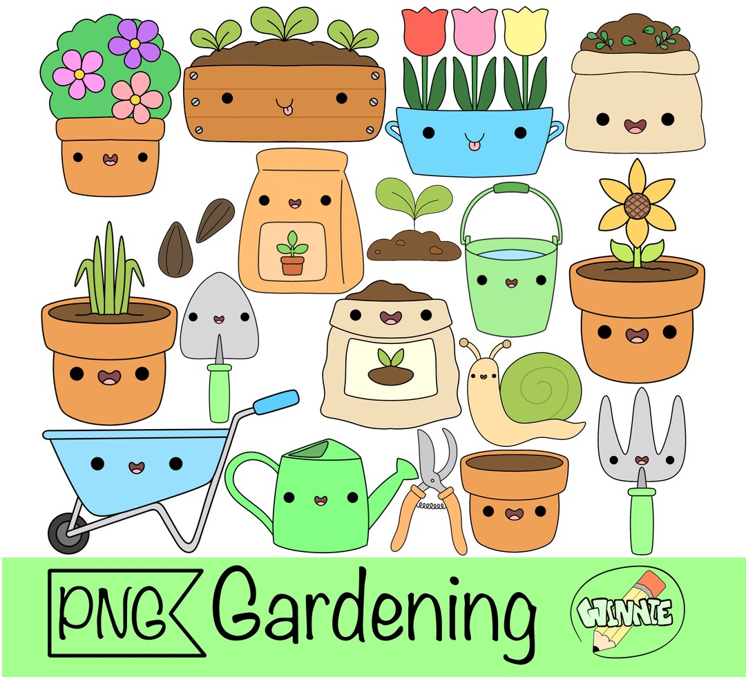 Kawaii Gardening Clipart Spring Time Garden Tools Cute Digital Sticker ...