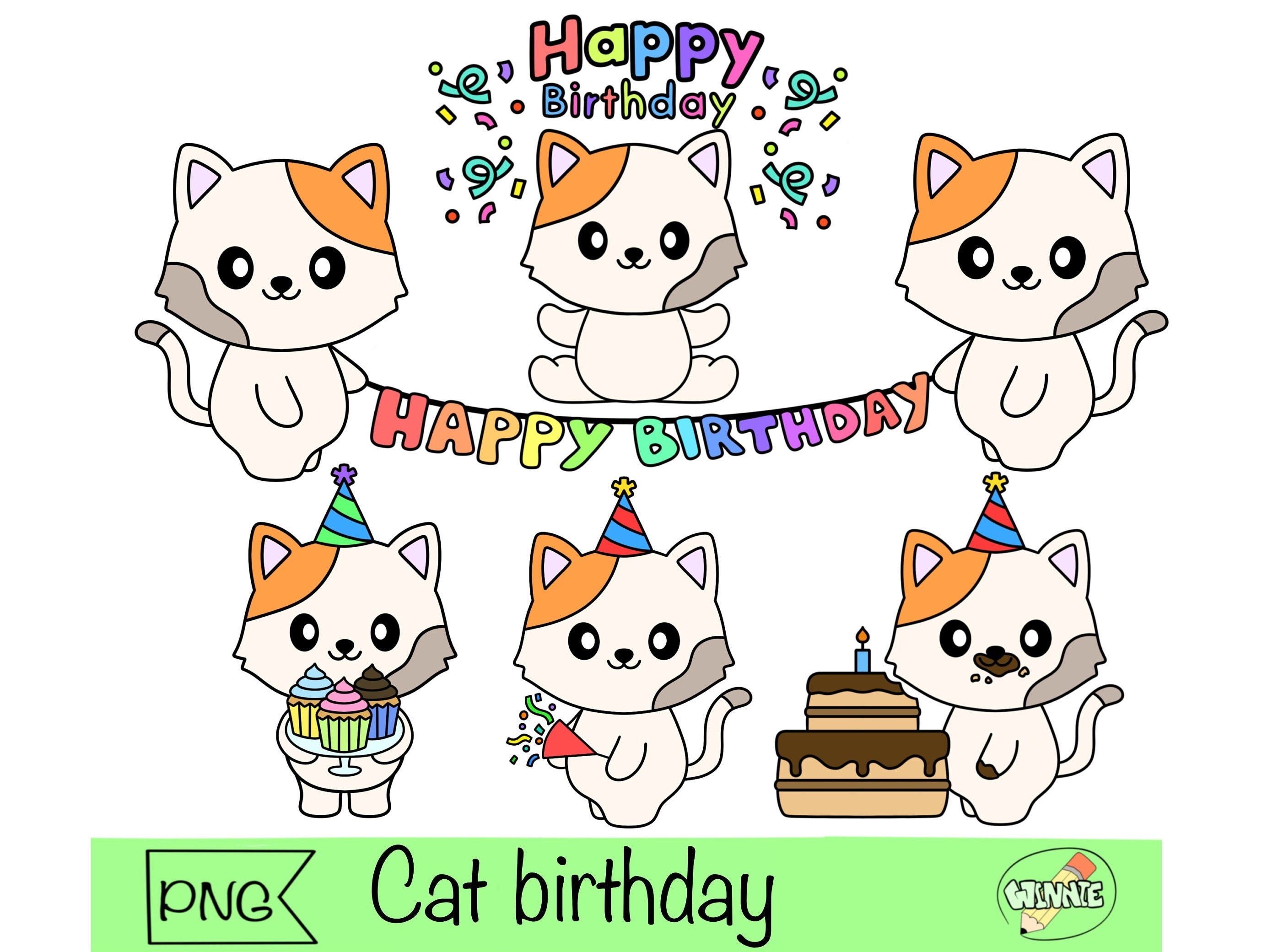 Birthday Cat Clipart Cat Png Digital Planner Sticker Kawaii - Etsy
