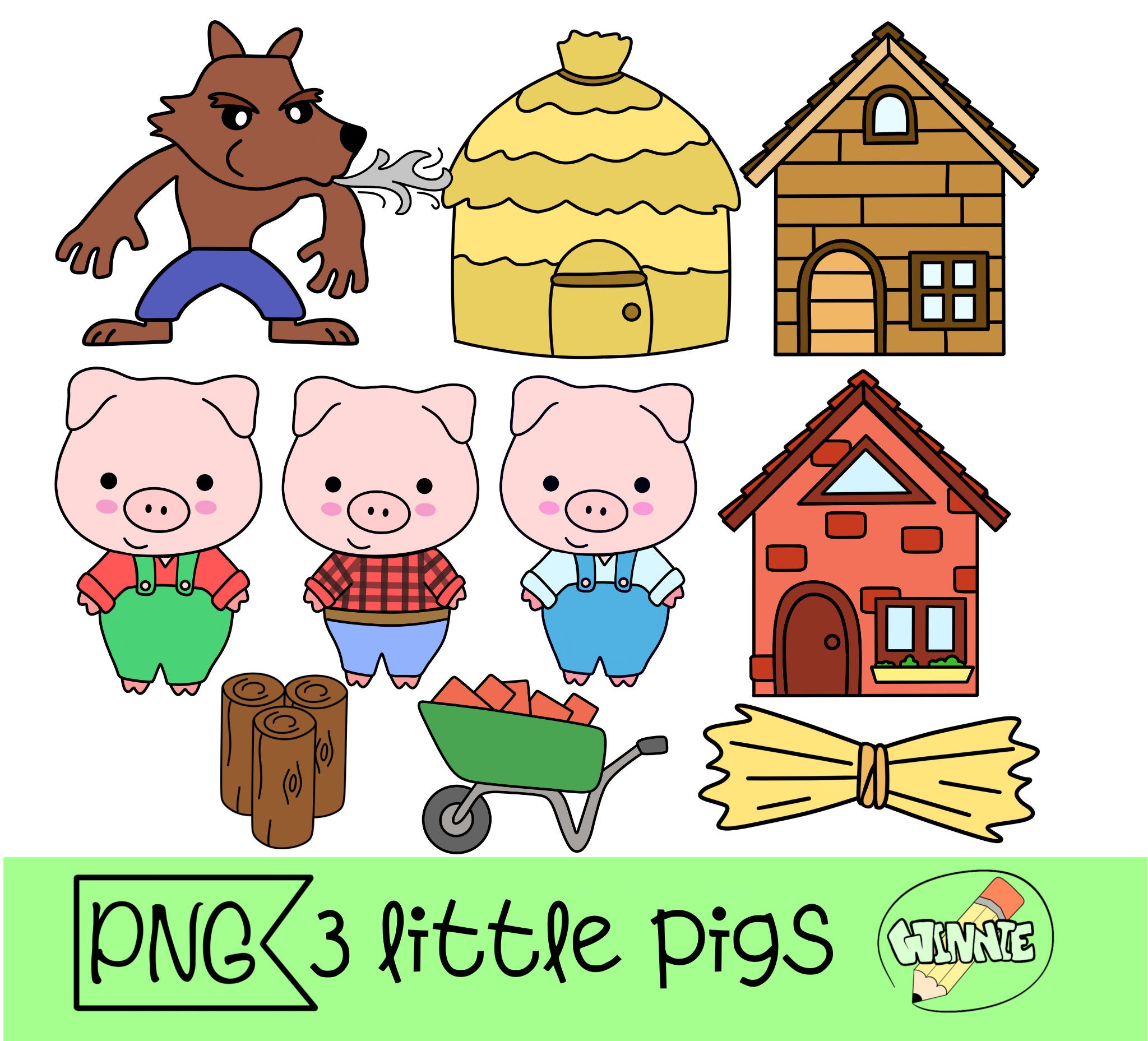 3 Little Pigs Clipart Fairy Tale Grafic Vector Digital Download Cartoon Drawing Cute Piglet Angry Wolf Kawaii Pig Cute Animal Fairy Tail Png Etsy