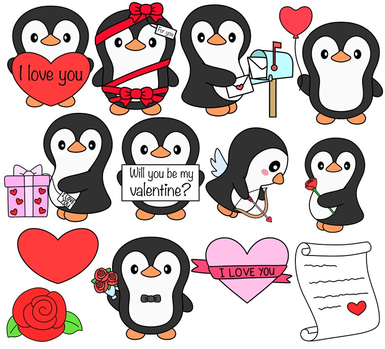 Kawaii Valentine Clipart Penguin Valentine Png Sticker for Planner ...