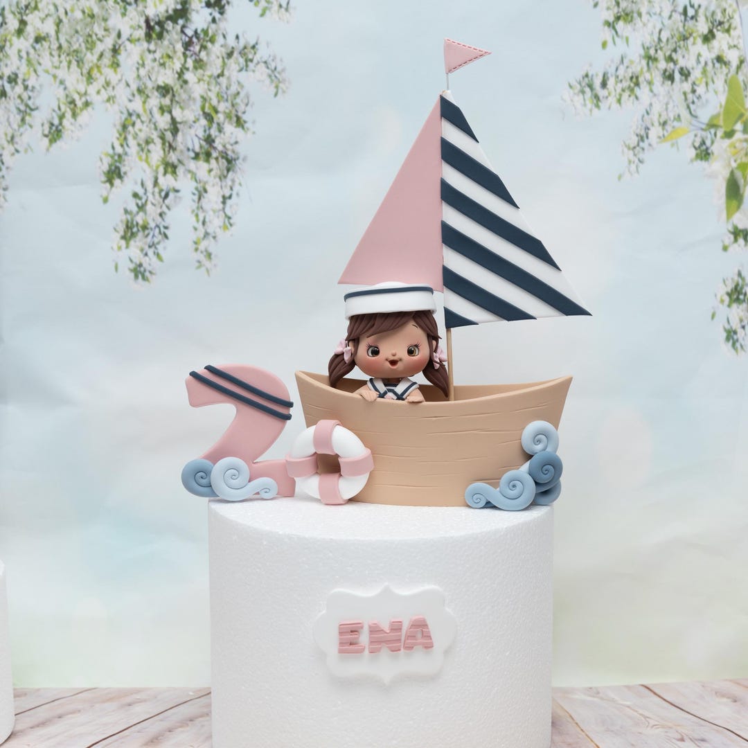 Baby Girl and Sailboat Cake Topper, Made of Lightweight Air Dry Clay ...