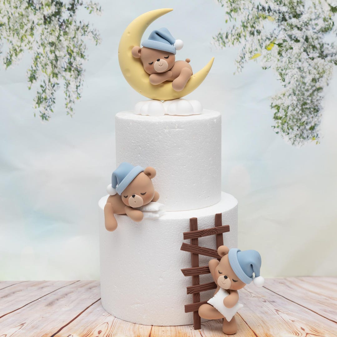 Sleeping Bear Cake Topper, Made of Lightweight Foam Clay: Bear on the Moon, Bear by Ladder ...