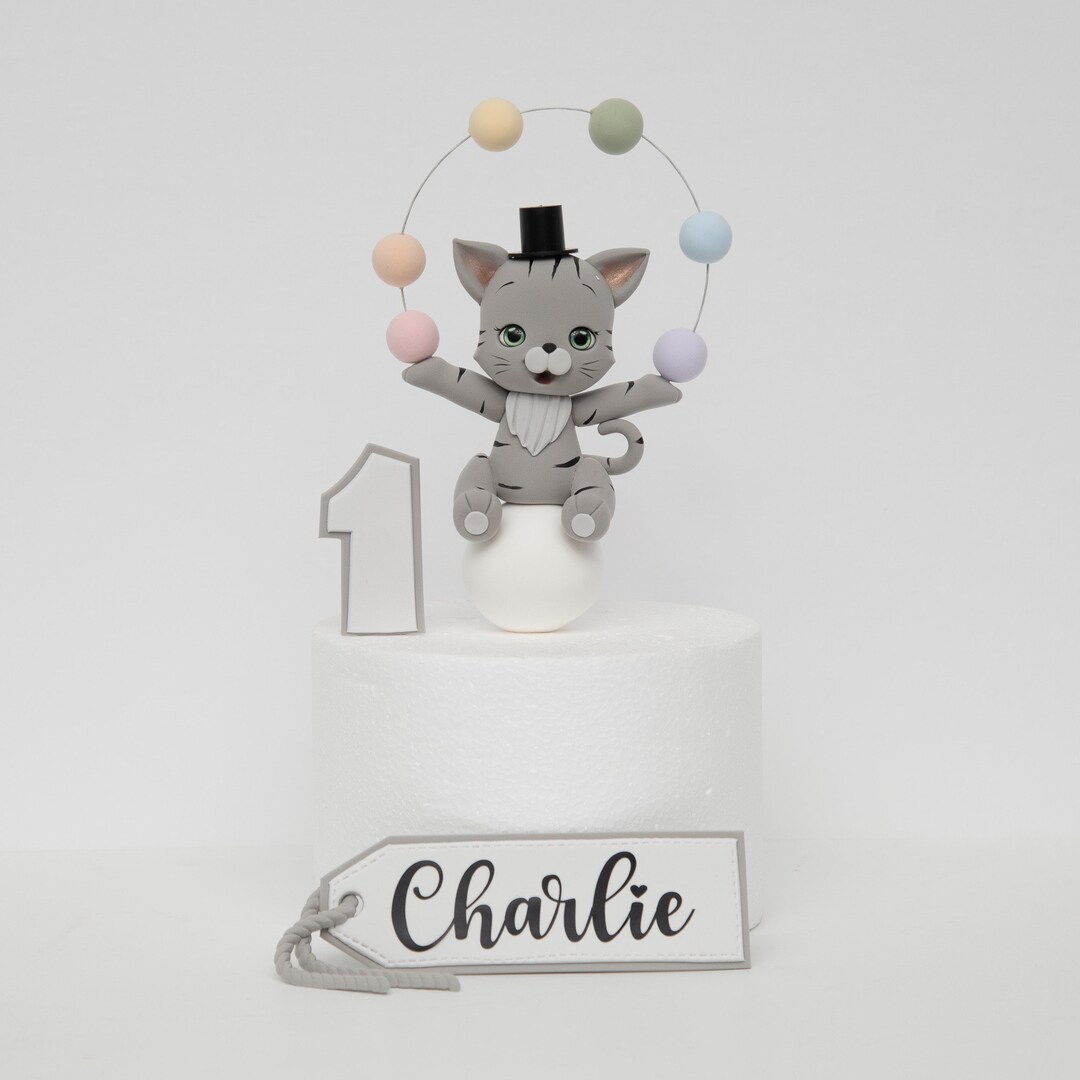 Juggling Gray Kitten Cake Topper, Made of Lightweight Air Dry Clay, Cat ...