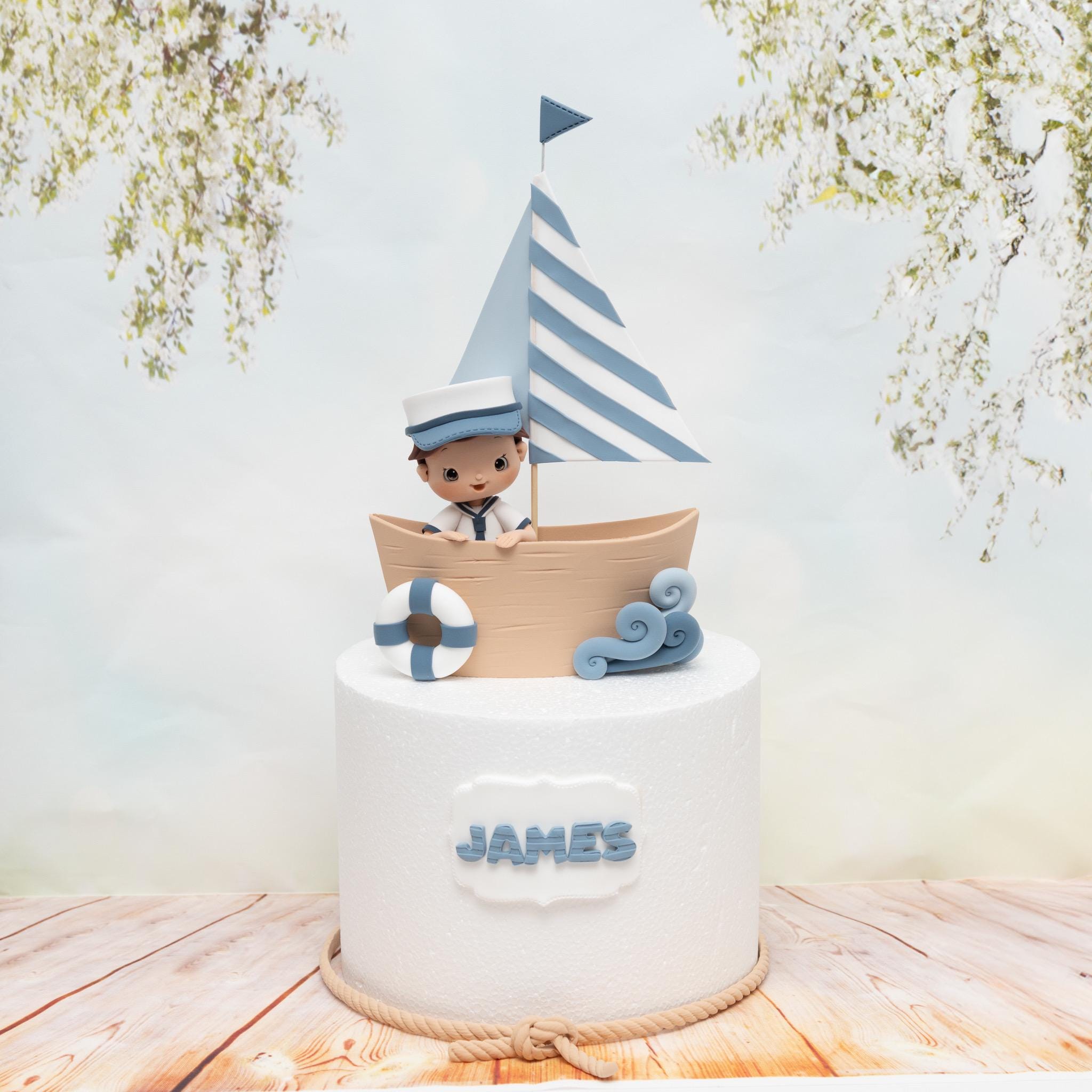 Baby Boy and Sailboat Cake Topper, Made of Lightweight Air Dry Clay ...