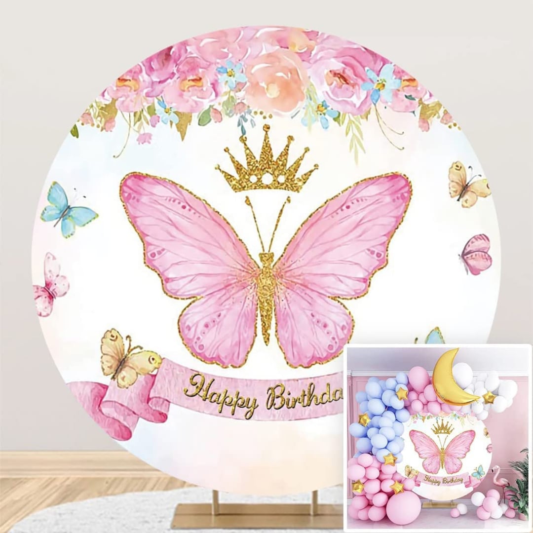 Butterfly Round Backdrop,watercolor Pink Flower Gold Crown Butterfly ...