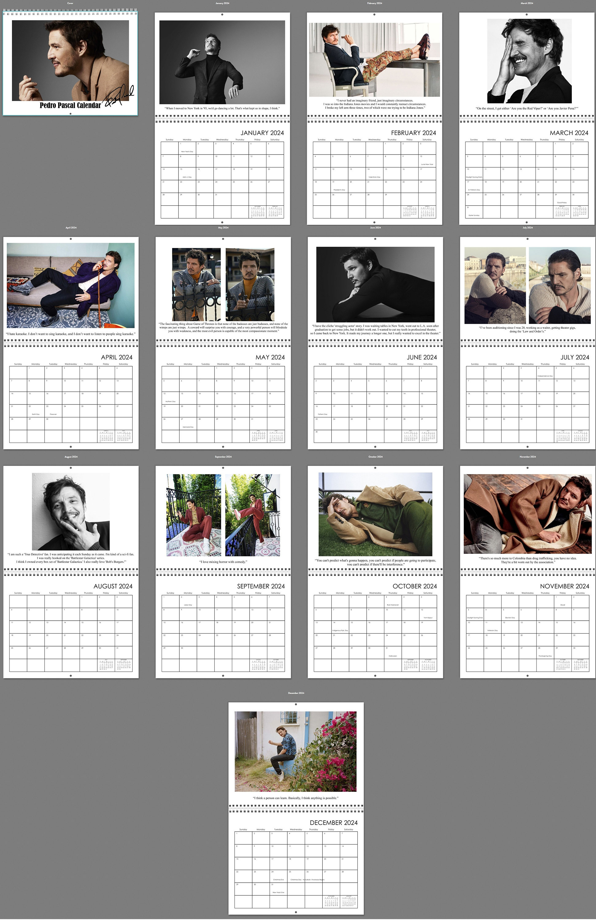 Pedro Pascal 2024 Wall Calendar with his quotes and signature sold by ...