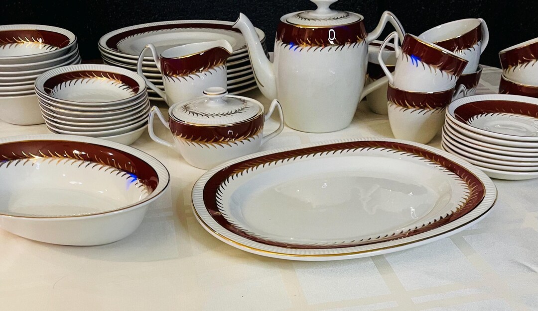 Vintage Simpsons Potters Harvard China Dinnerware Set, Maroon Gold Trim ...