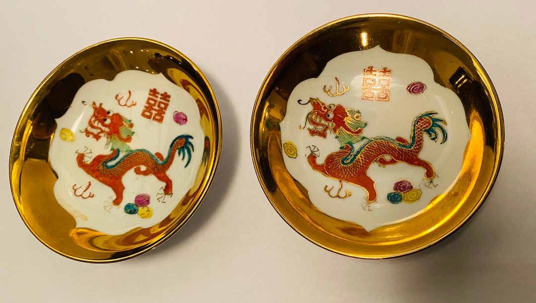 Vintage Jingdezhen Boneware Chinese 2 Piece Set Dragon Gold Bordered ...