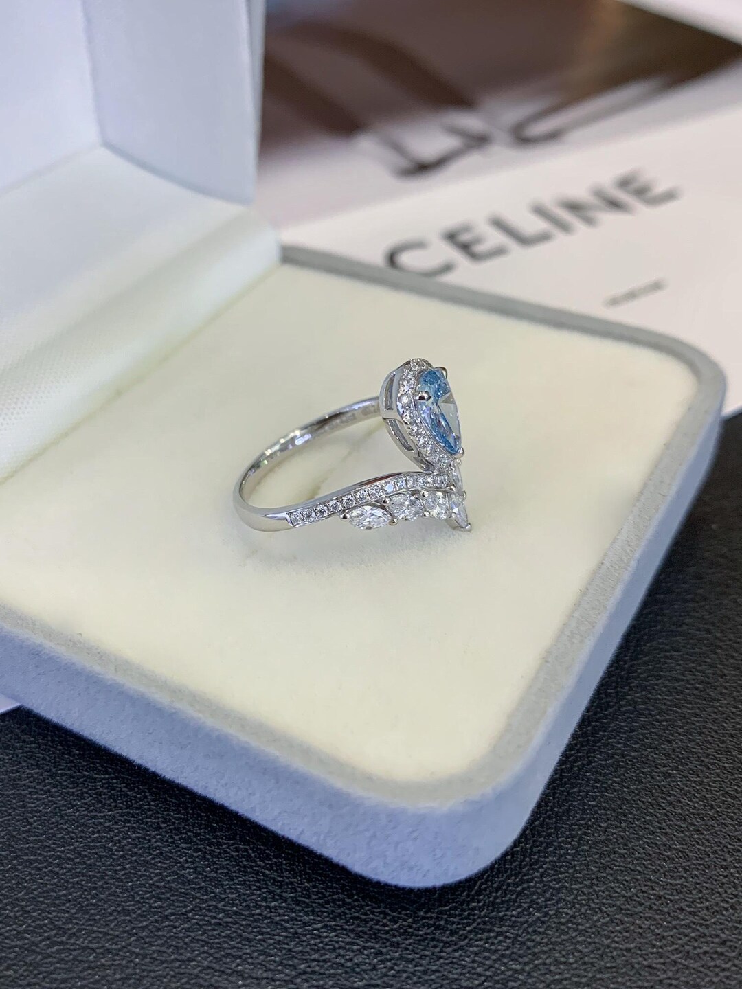 Blue CVD Diamond Engagement Ring | Pear Cut Lab Grown Hidden Halo ...