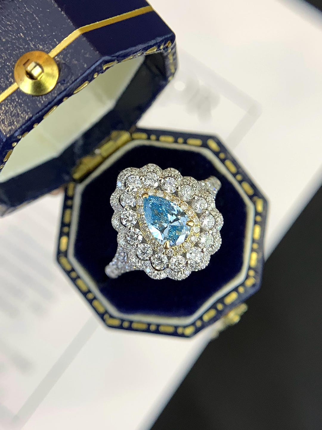 Blue CVD Diamond Engagement Ring | Pear Cut Lab Grown Diamond Ring ...