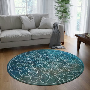 Round Rug Sacred Geometry Flower of Life Blue Round Carpet Spiritual ...