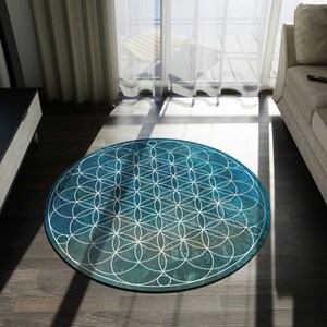 Round Rug Sacred Geometry Flower of Life Blue Round Carpet Spiritual ...