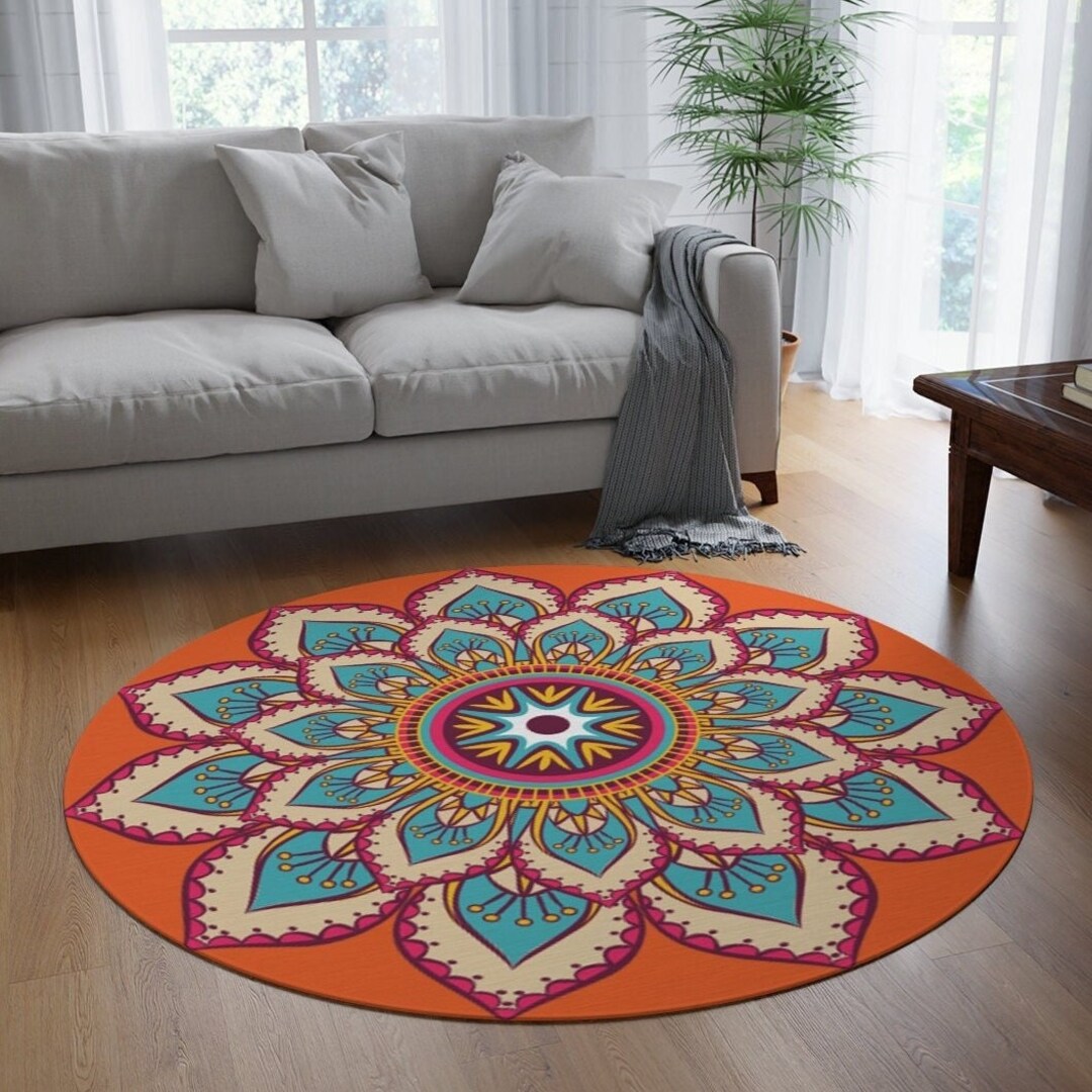 Round Rug Orange Flower Rug Mandala Rug Round Orange Carpet Boho Orange ...