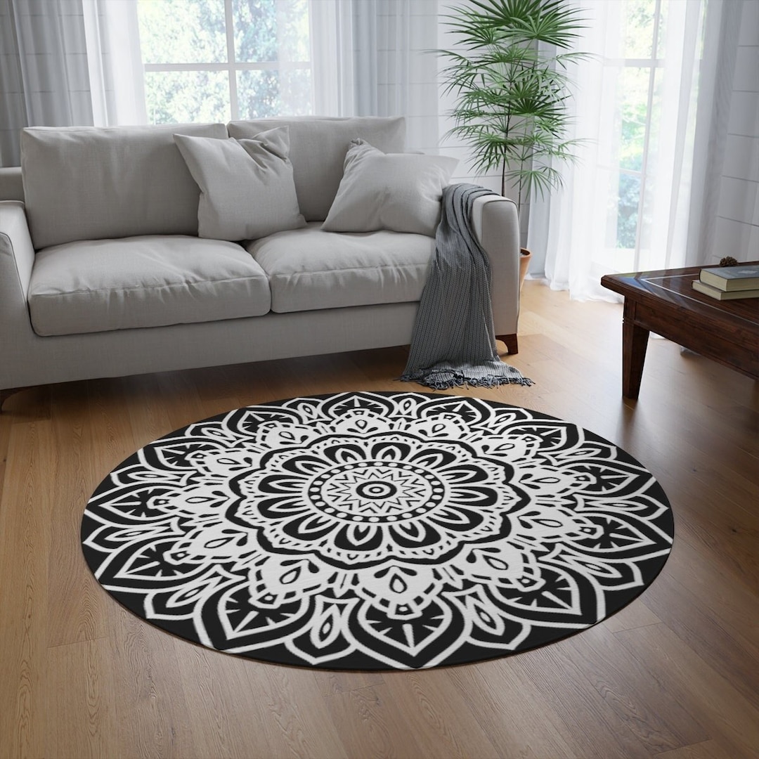 Round Rug Black and White Mandala Rug Round Mandala Rug Black and White ...