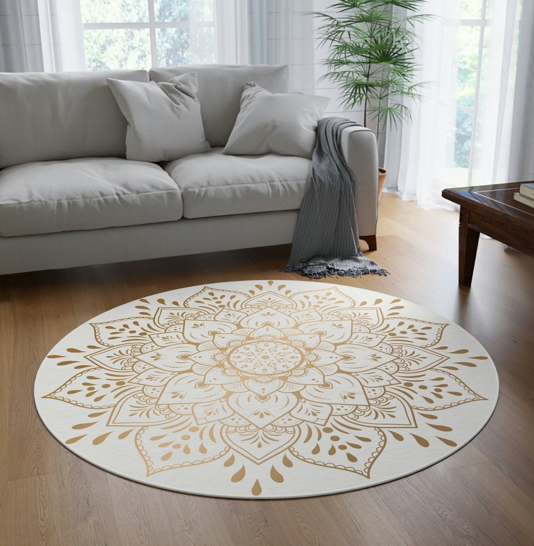 Round Floor Rug Gold and White Round Rug Mandala Rug Gold Flower Rug ...