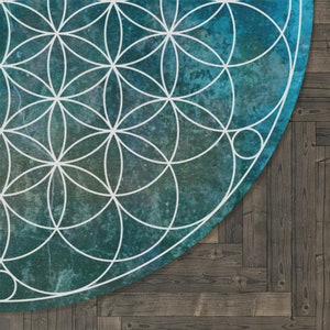 Round Rug Sacred Geometry Flower of Life Blue Round Carpet Spiritual ...