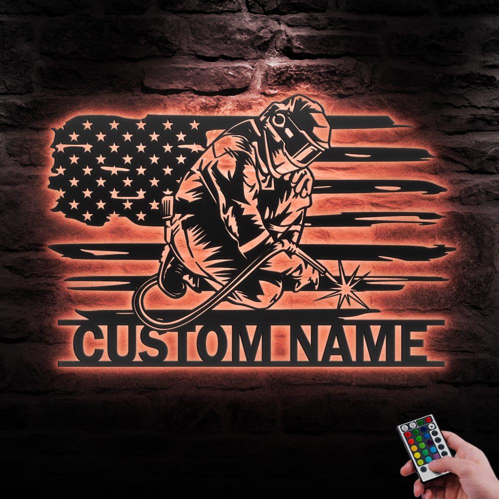Custom Welding US Flag Metal Wall Art LED Light Personalized Welder ...