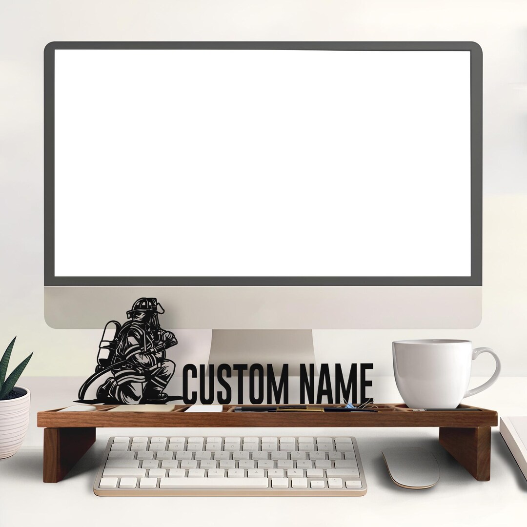 Custom Fireman Wooden Tray Desk Organizer Personalized Metal Name Plate ...