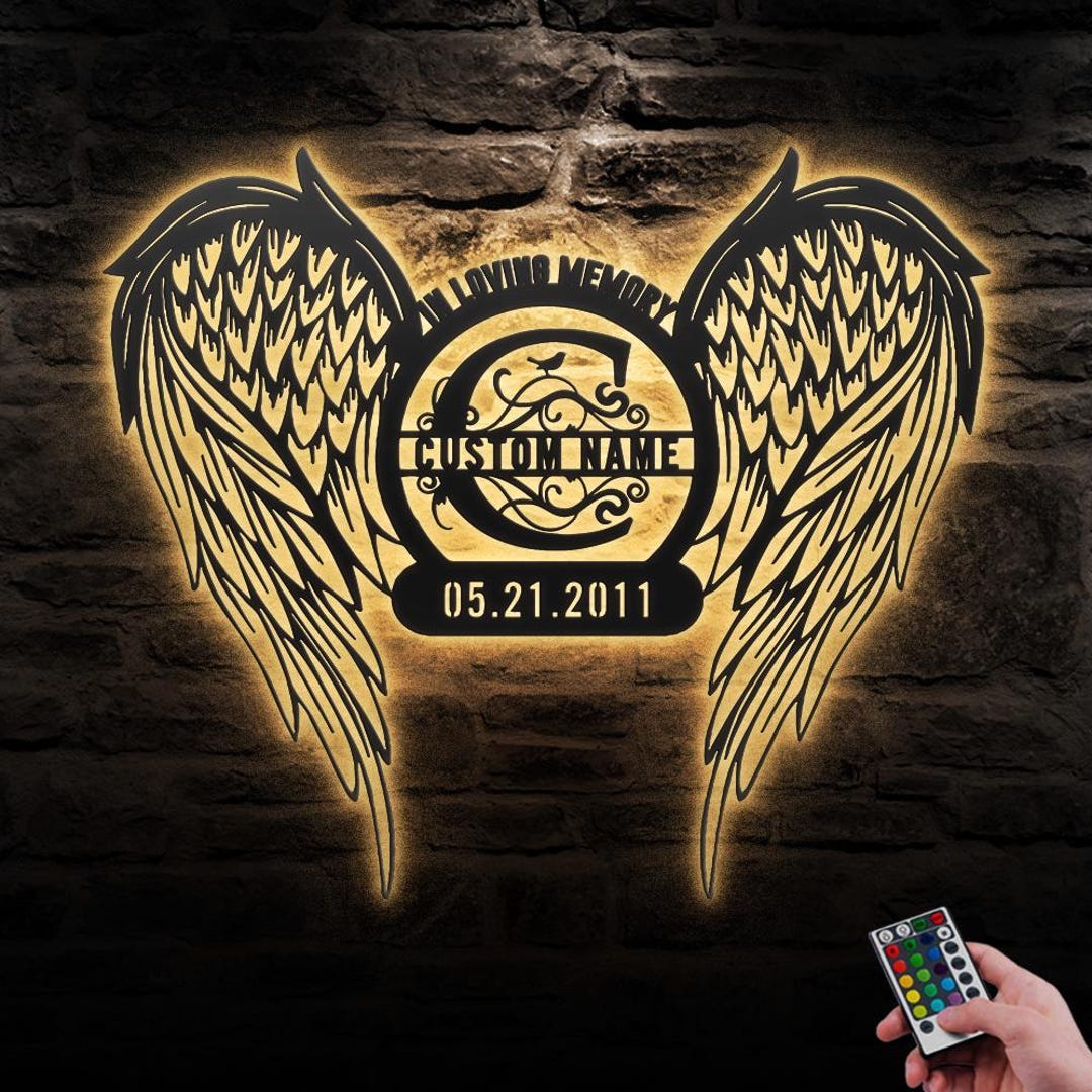 Custom Angel Wings Name Date Metal Wall Art LED Light Personalized ...