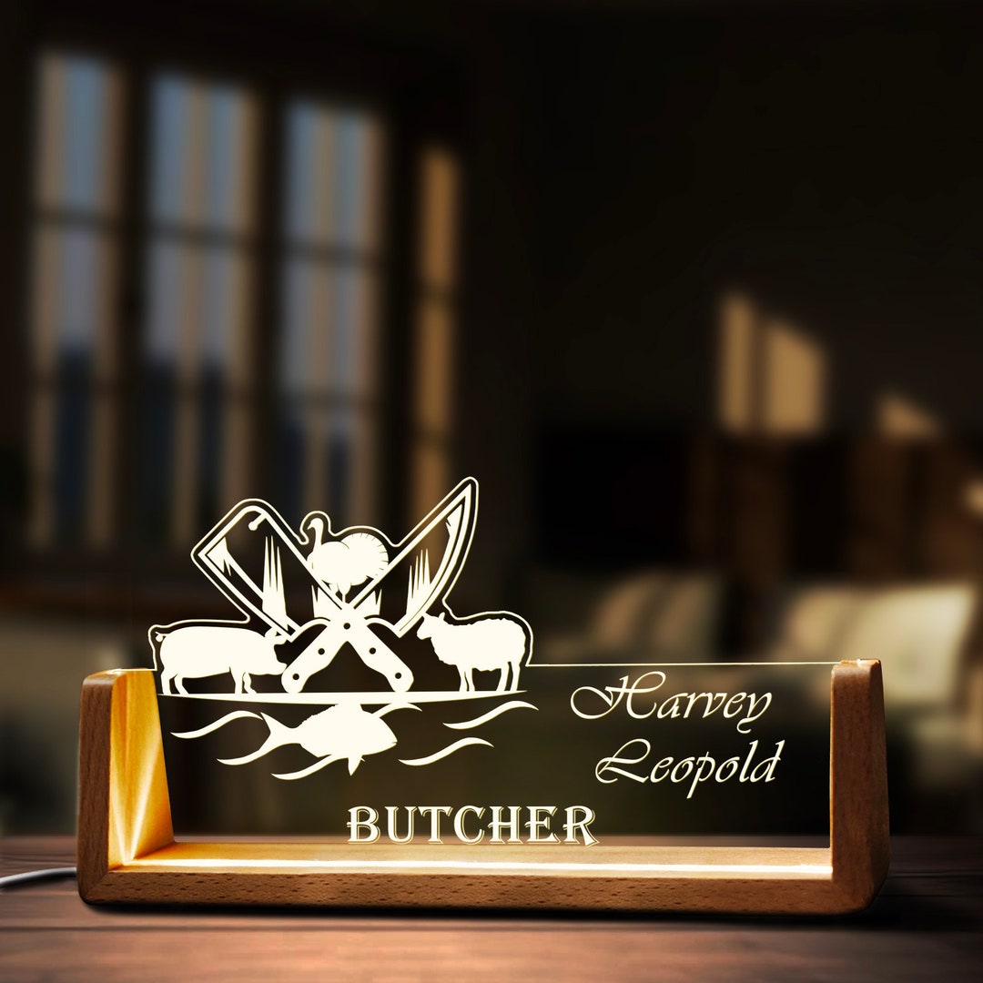 Custom Butcher Desk Name Plate Personalized Meat Shop LED Light Wooden ...