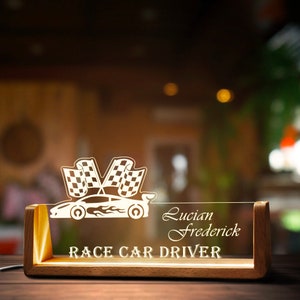 Custom Race Car Desk Name Plate Personalized Racing LED Light Wooden ...