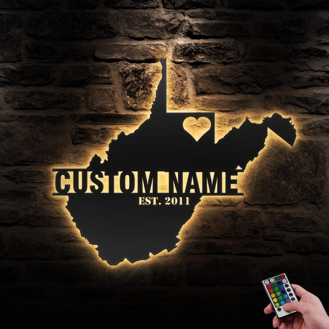 Custom West Virginia Map Metal Wall Art LED Lights Personalized West ...