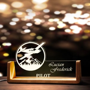 Custom Airplane Desk Name Plate Personalized Pilot LED Light Wooden ...
