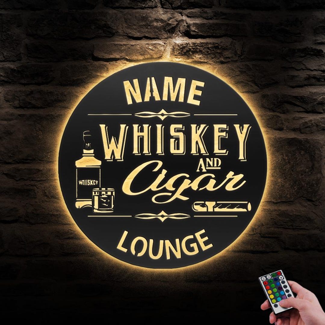 Custom Whiskey and Cigar Lounge Metal Wall Art LED Light Personalized ...