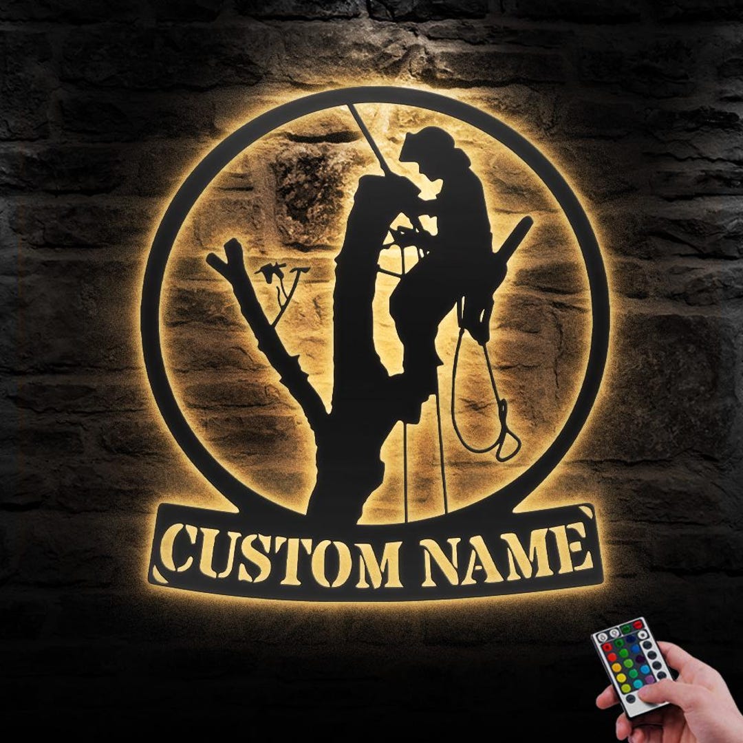 Custom Tree Climbing Metal Wall Art LED Light Personalized Tree Service ...