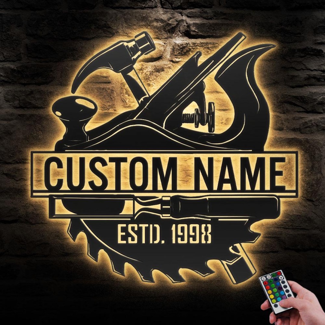 Custom Woodworking Tool Metal Wall Art LED Light Personalized Carpenter ...