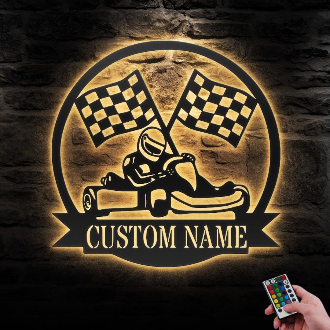 Custom Racing Flag Go Kart Racing Metal Wall Art LED Lights ...