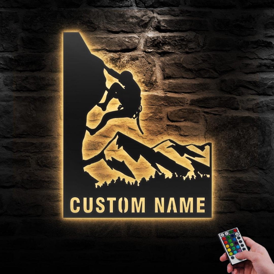 Custom Rock Climbing Metal Wall Art LED Light Personalized Climber Name ...